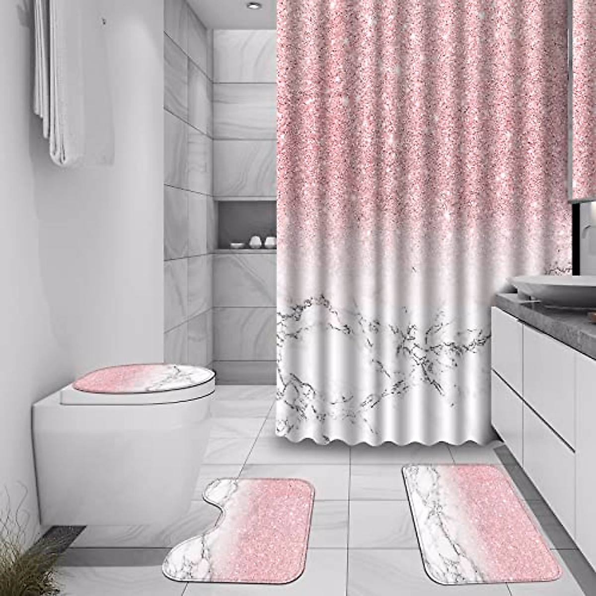 juwute 4 Pcs Pink Shower Curtain Set Marble Bathroom Shower Curtain Sets with Rugs and Accessories,Shiny Toilet Lid Cover Bath Mat and Flash Contour Mat Sets,12 Hooks,Polyester,Waterproof