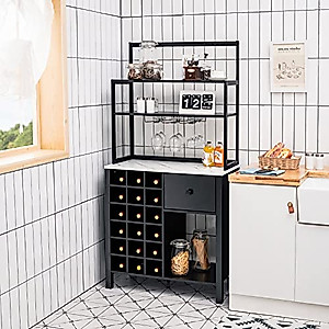 Giantex Sideboard with Hutch Shelf, Buffet Wine Cabinet, 18 Bottles Wood Wine Rack, 1 Drawer, Standing 4-Tier Bakers Rack with Glass Holder, Kitchen Microwave Stand Living Room Black