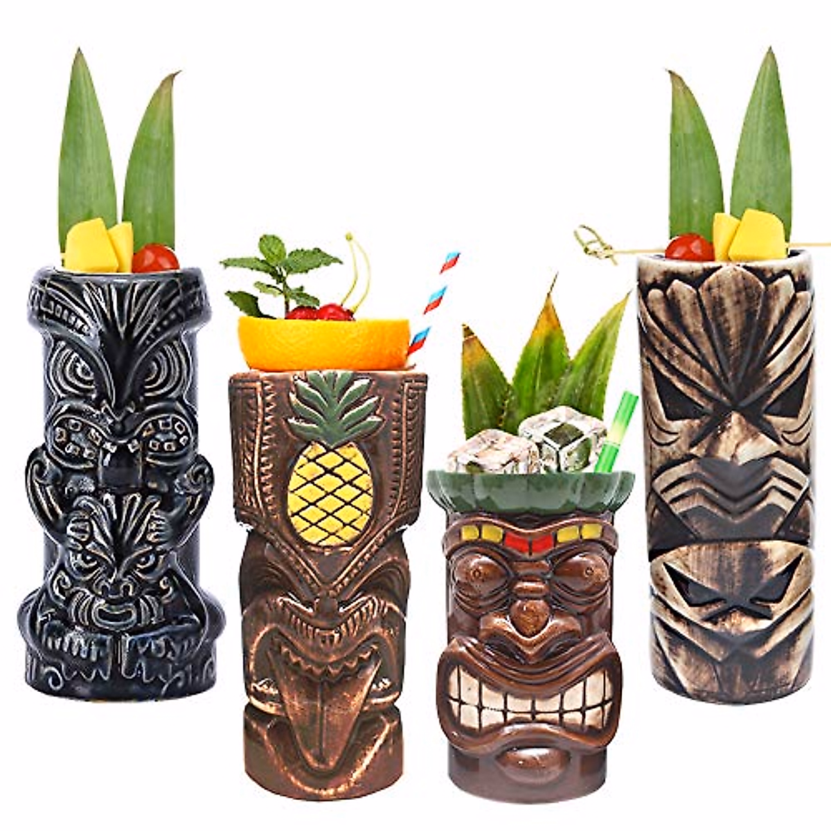 Tiki Mugs Cocktail Set of 4 - Large Tumblers Ceramic Hawaiian Luau Party Mugs Drinkware, Cute Exotic Cocktail Glasses, Tiki Bar Professional Hawaiian Party Barware, TKSET0005