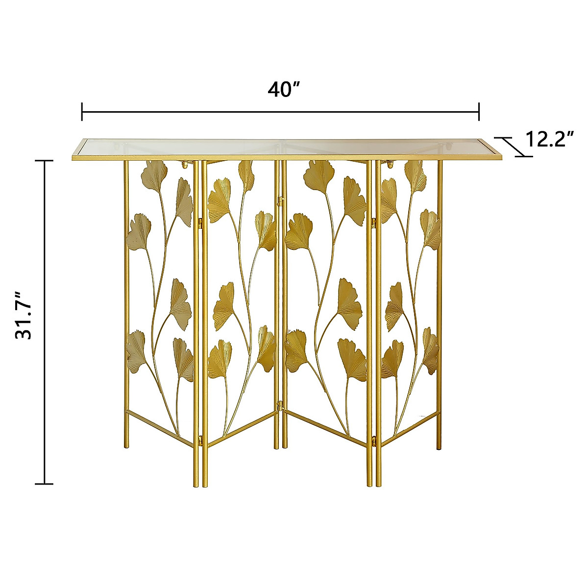 40 Inch Gold Console Table, Sofa Table, Modern Entryway Table, Tempered Glass Shelf with Ginkgo Leaves Decorative for Entryway Living Room Bedroom
