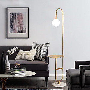 JKTOLKY LED Gold Floor Lamp, Marble Base Floor Lamp, Modern 60.2" Tall Standing Lamps for Living Room - Stand Up Arching Lamp with Black Double Shade and Marble Base for Bedrooms