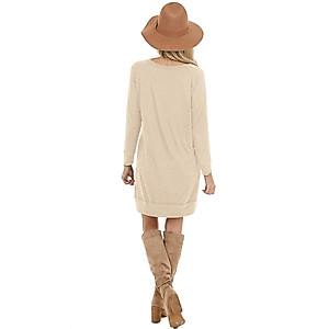 PrinStory Women's Long Sleeves Dresses Causal Loose Round-Neck Tuinc Tops Basic Dress with Side Pockets US Large FP VG-Beige