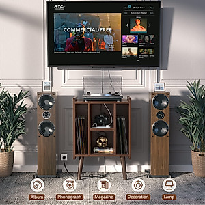 Unikito Record Player Stand, Vinyl Turntable Stand with Power Outlet and USB Charging Port, Sturdy Record Display Table with Storage, Mid Century End Table, Turntable Nightstand, Walnut