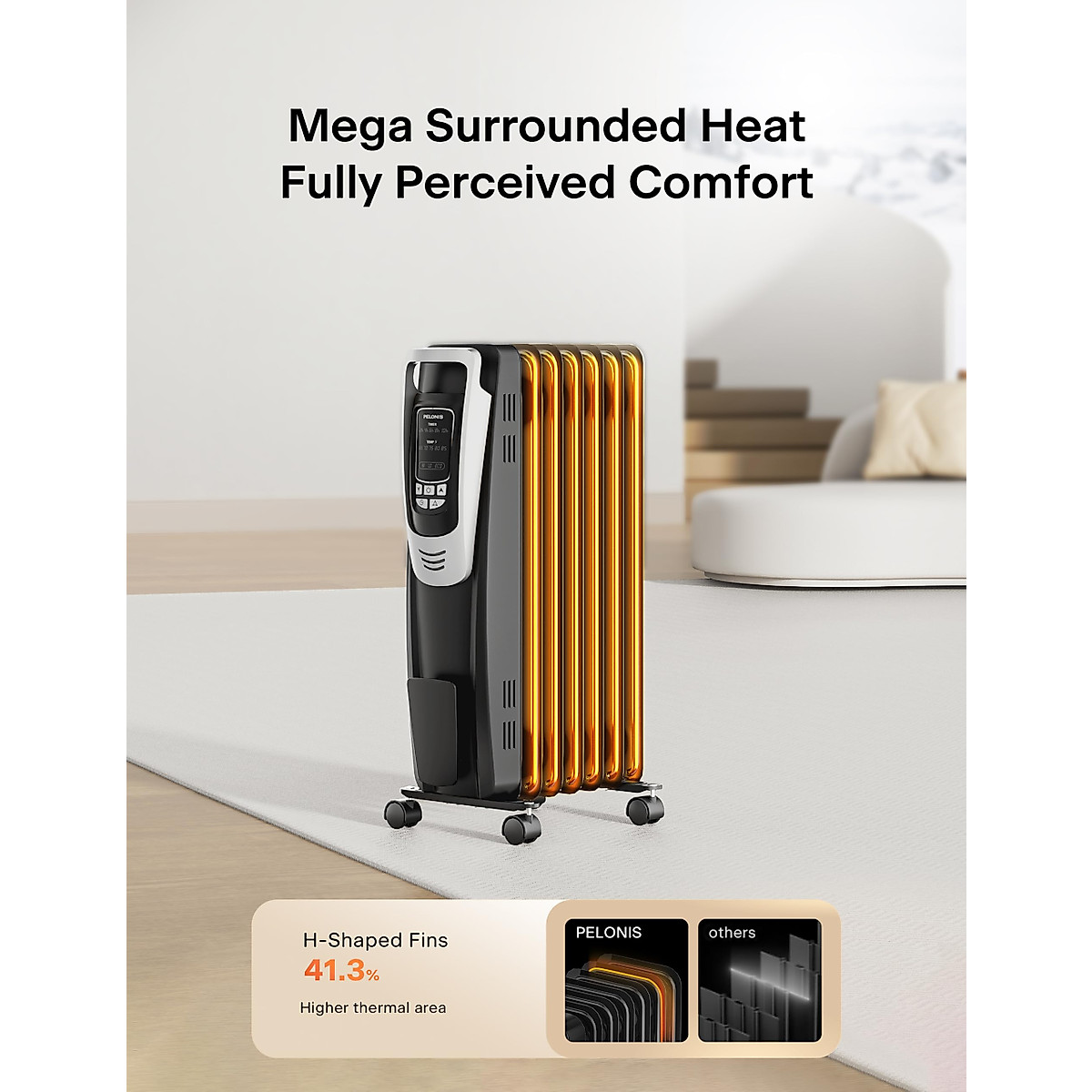 PELONIS Radiator Heater for indoor use Large Room with Remote, Thermostat & LED Display, Quiet Oil Filled Heater with 5 Temperature Settings, Overheat & Tip-Over Protection, Silver