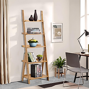 DOUSY- 5-Tier Bamboo Ladder Shelf Ladder Bookshelf Plant & Flower Stand Bookcase, Freestanding Storage Rack Organizer Display Shelf for Living Room, Home Office, Bedroom, Balcony, Natural Wood