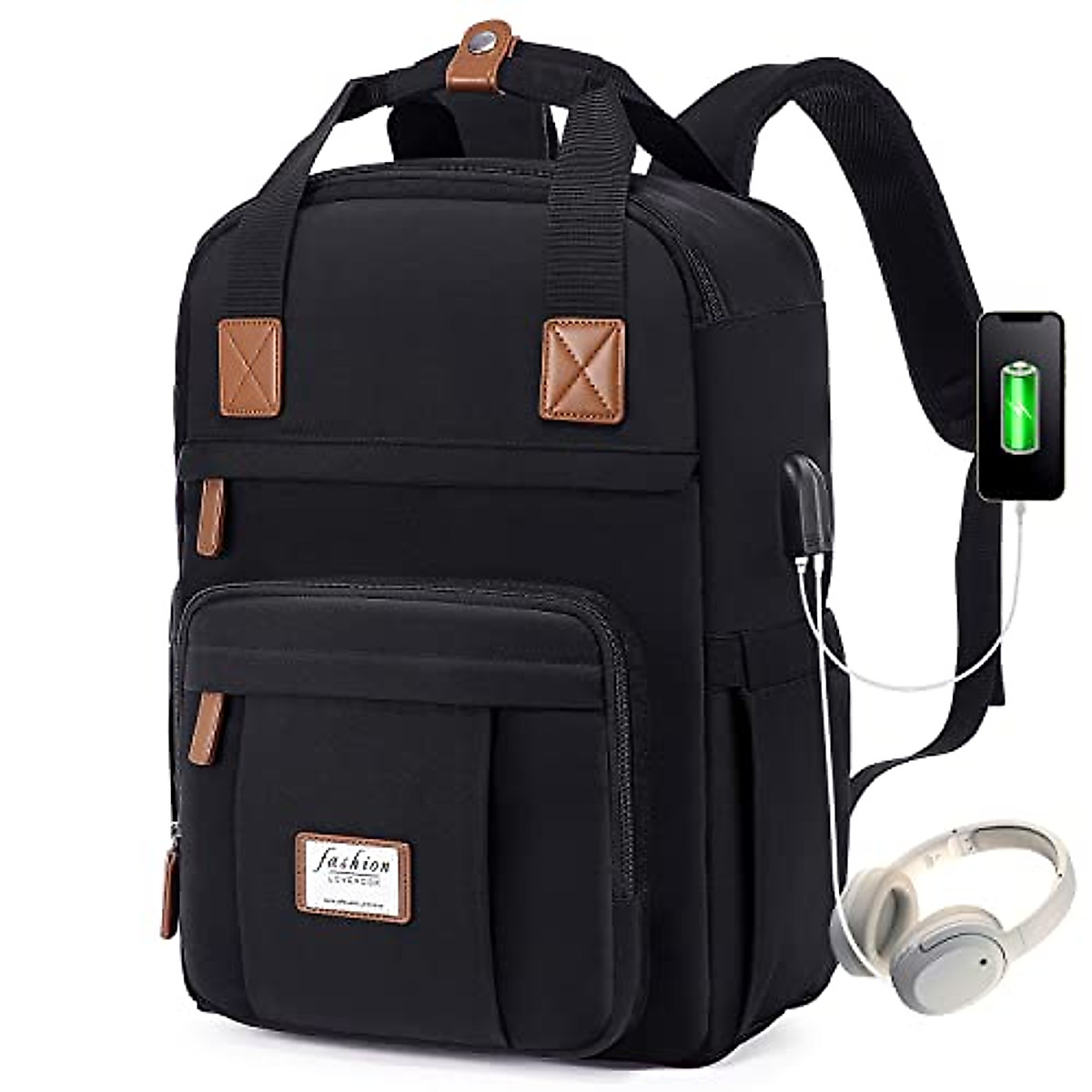 LOVEVOOK Laptop Backpack for Women, 15.6 Inch Anti-Theft Computer Backpack with USB Charging Port, Water Resistant Nurse Cute Bag with Lock, Black