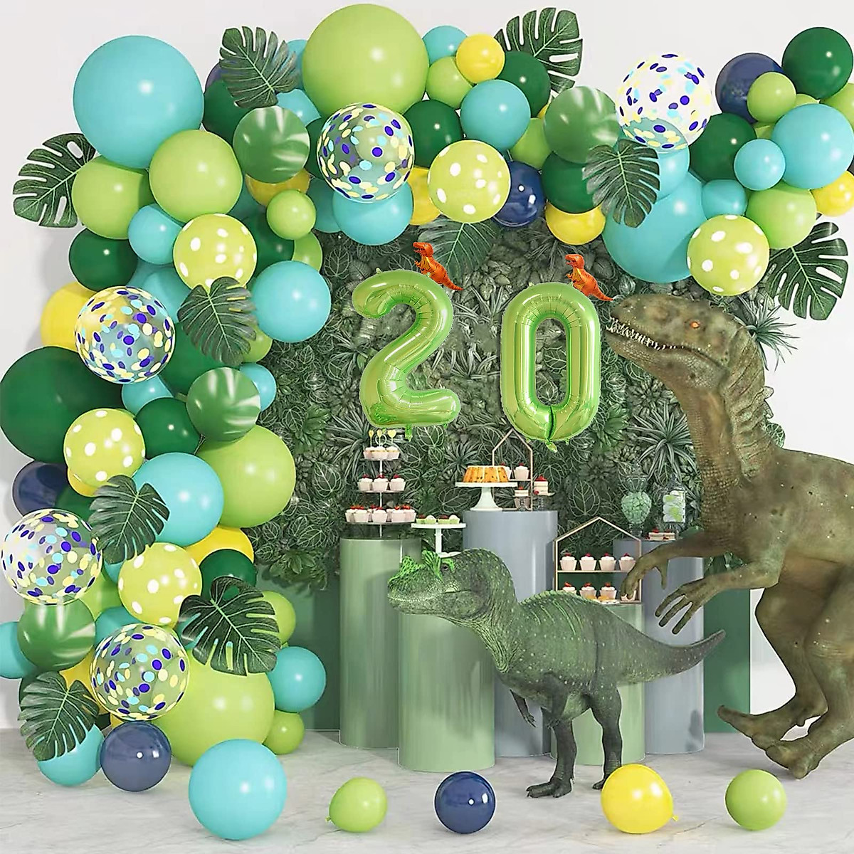HIBILDER 2pcs Set, 40 Inch Green Number 3 & Mini Dinosaur Balloon for Boys Birthday Party Decorations, Jungle Green Theme, Children's Party Supplies