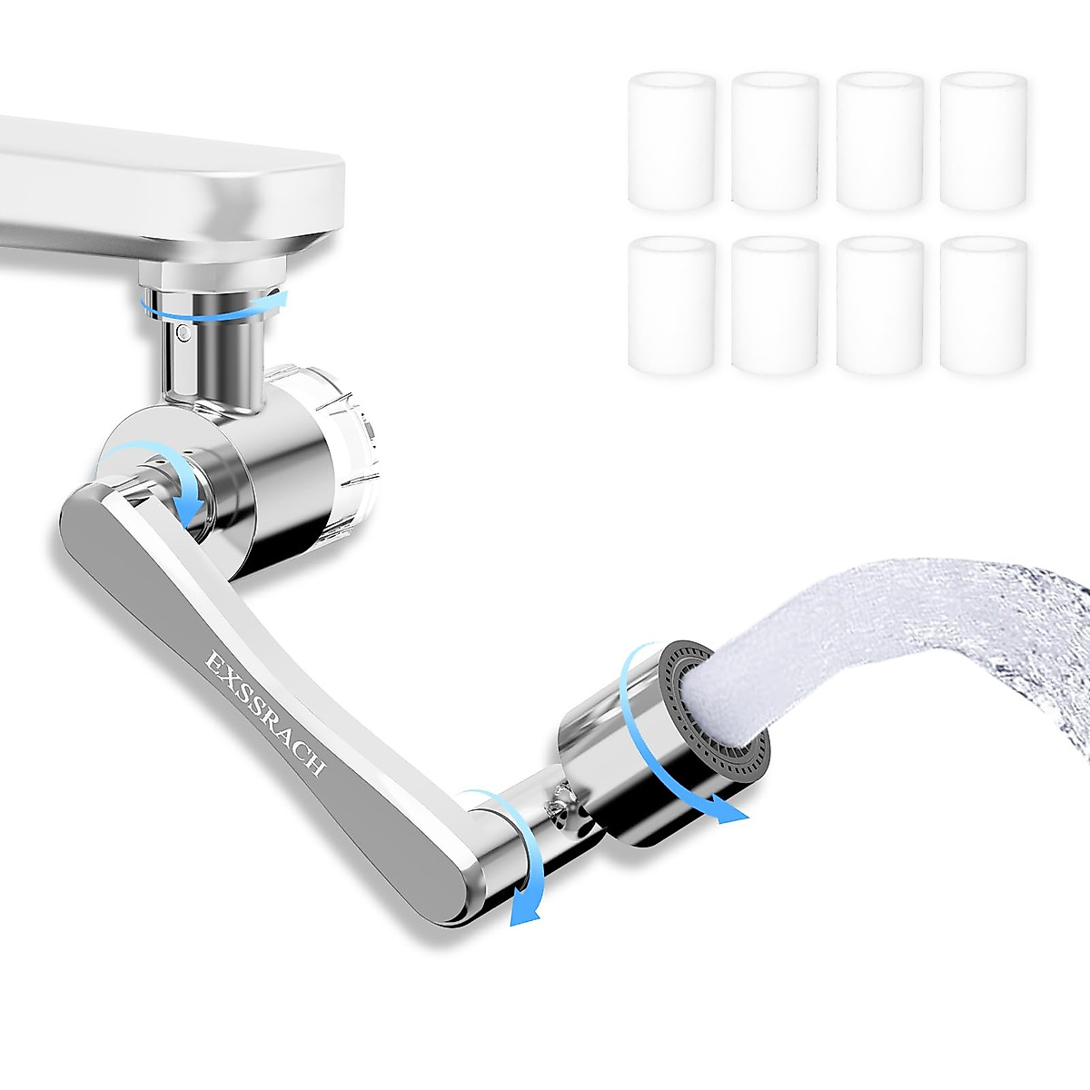 EXSSRACH 1080° Rotating Faucet Extender with Filter Cotton, Multifunctional Swivel Extension Robotic Arm Sink Aerator for Kitchen/Bathroom, 2 Water Outlet Modes, Silver