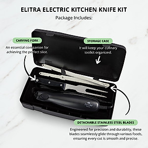ELITRA HOME Professional Grade Electric Knife | Easy Slice Electric Kitchen Knife For Carving Meats, Bread, Turkey, and More | Stainless Steel Serrated Blade, Carving Fork, and Storage Case