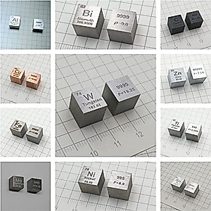 0.39" Element Cube - Set of 11 Metal Density Cubest Include Zinc Tin Copper Iron Aluminum Carbon Titanium Nickel Molybdenum Bismuth Tungsten for Labs and Collections