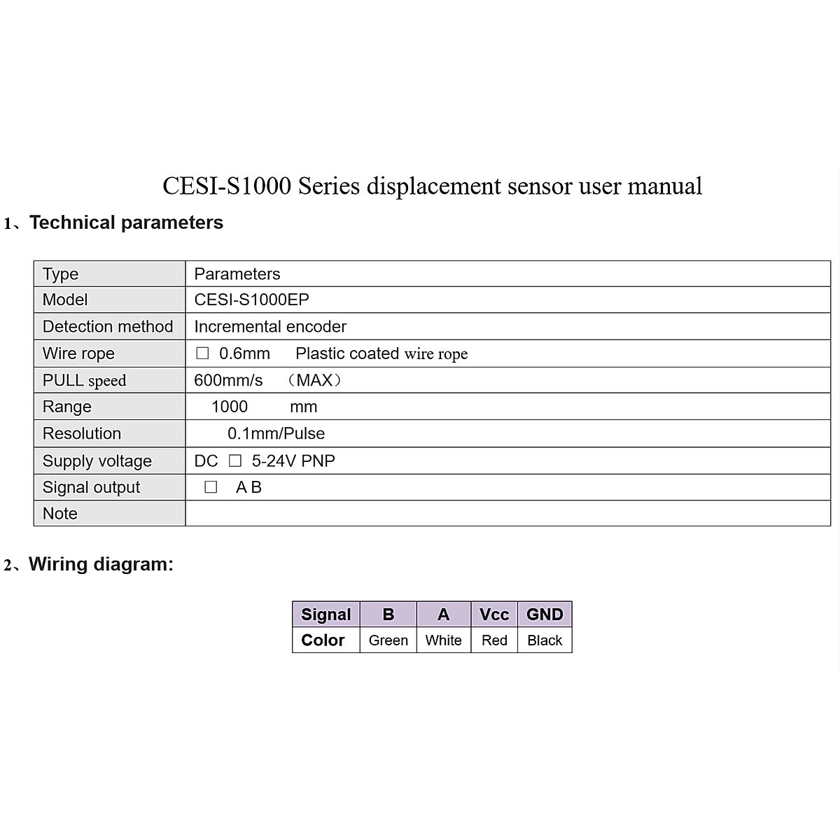 Economical 1000 mm Draw Wire Displacement Linear Encoder Sensor AB Phase CESI-S1000E (0-1000mm Measuring Range, PNP Output)