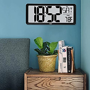 TXL Digital Wall Clock Large Display, Custom Alarm/Calendar/Count Up-Down Timer, Switchable Temp in F/C, 12/24Hr Desktop Day Clock, Battery Operated 14.17" Clock with 4.6" Digits for Gym Office-Black