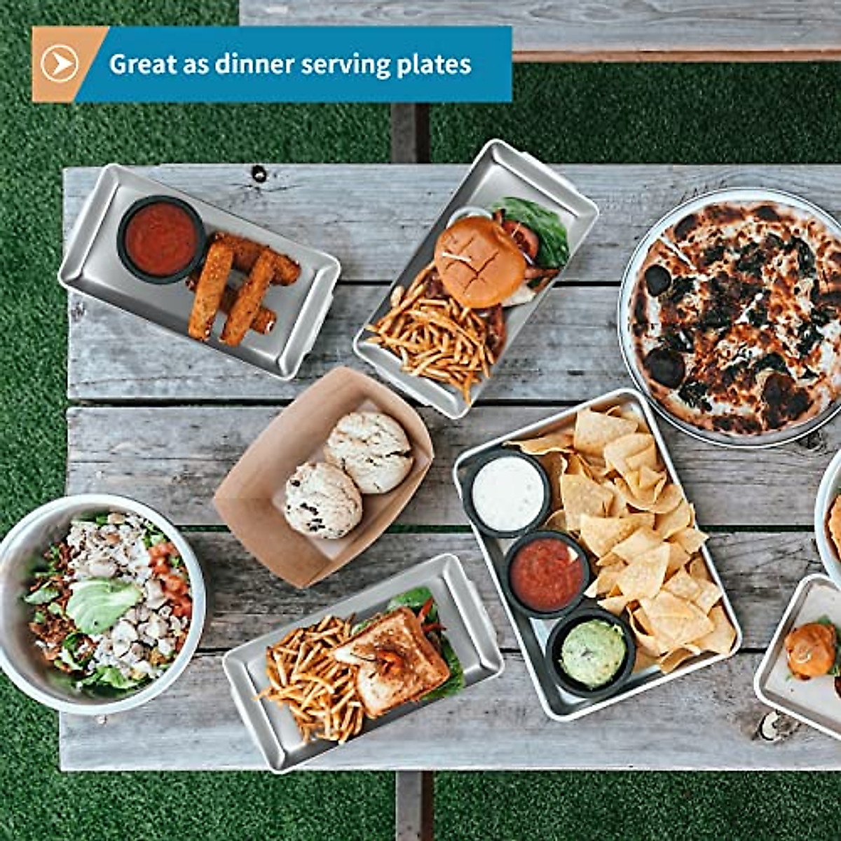 Sanbege 3 Pcs 304 Stainless Steel Serving Platters, 12.6" Rectangle Dinner Plates, Brushed Nickel Organizer Tray for Camping, BBQ, Party, Buffet, Appetizer Serving or Decorations Organization