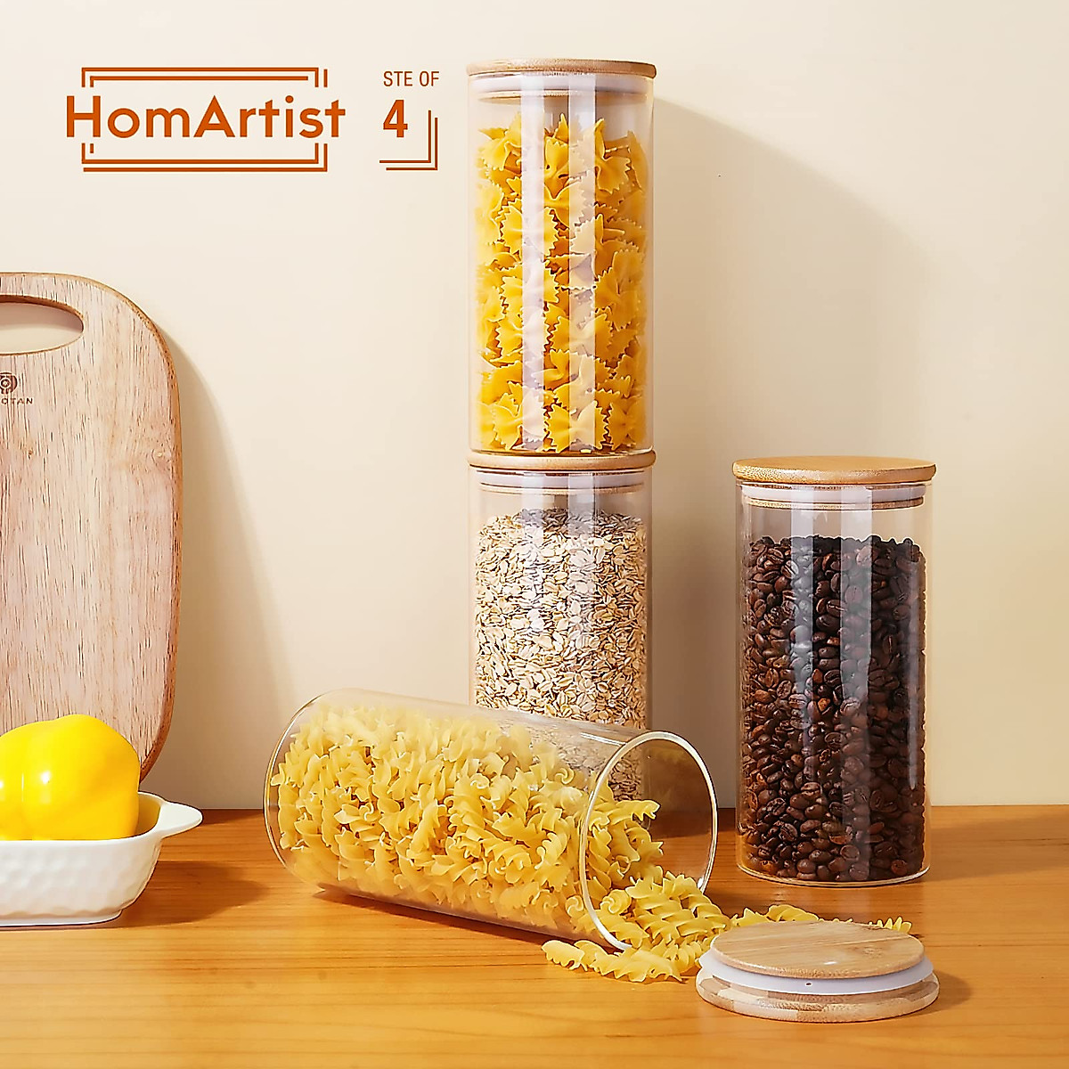 HomArtist Glass Jars with Bamboo Lids 34oz X8 & 53oz X4 [Set of 12], Glass Canisters with Airtight Lids, Glass Food Storage Containers
