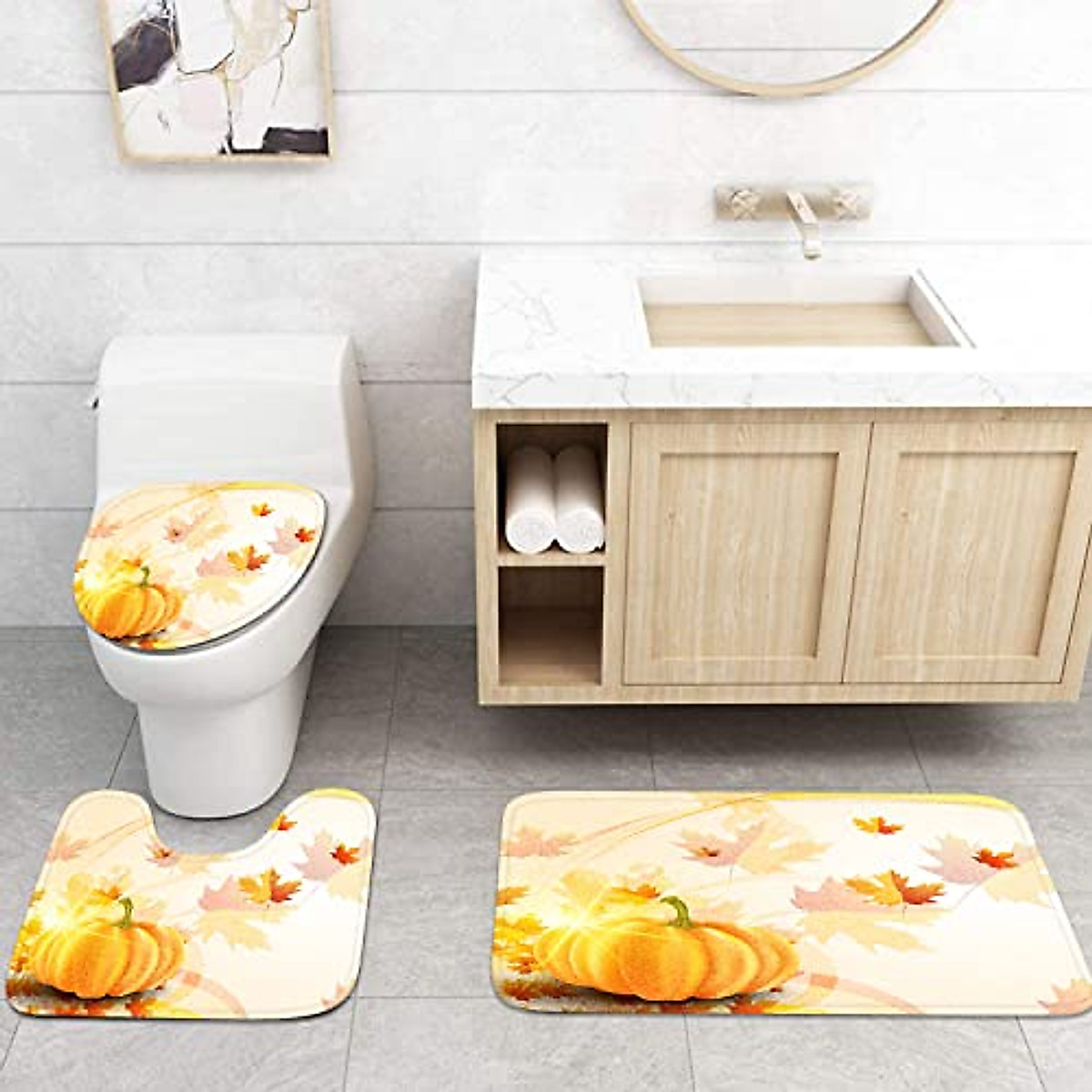Pumpkin Bathroom Sets with Shower Curtain and Rugs and Accessories,Pumpkin Halloween Shower Curtain Sets,Autumn Leaf Shower Curtains for The Bathroom,Fall Bathroom Decor 4 Pcs