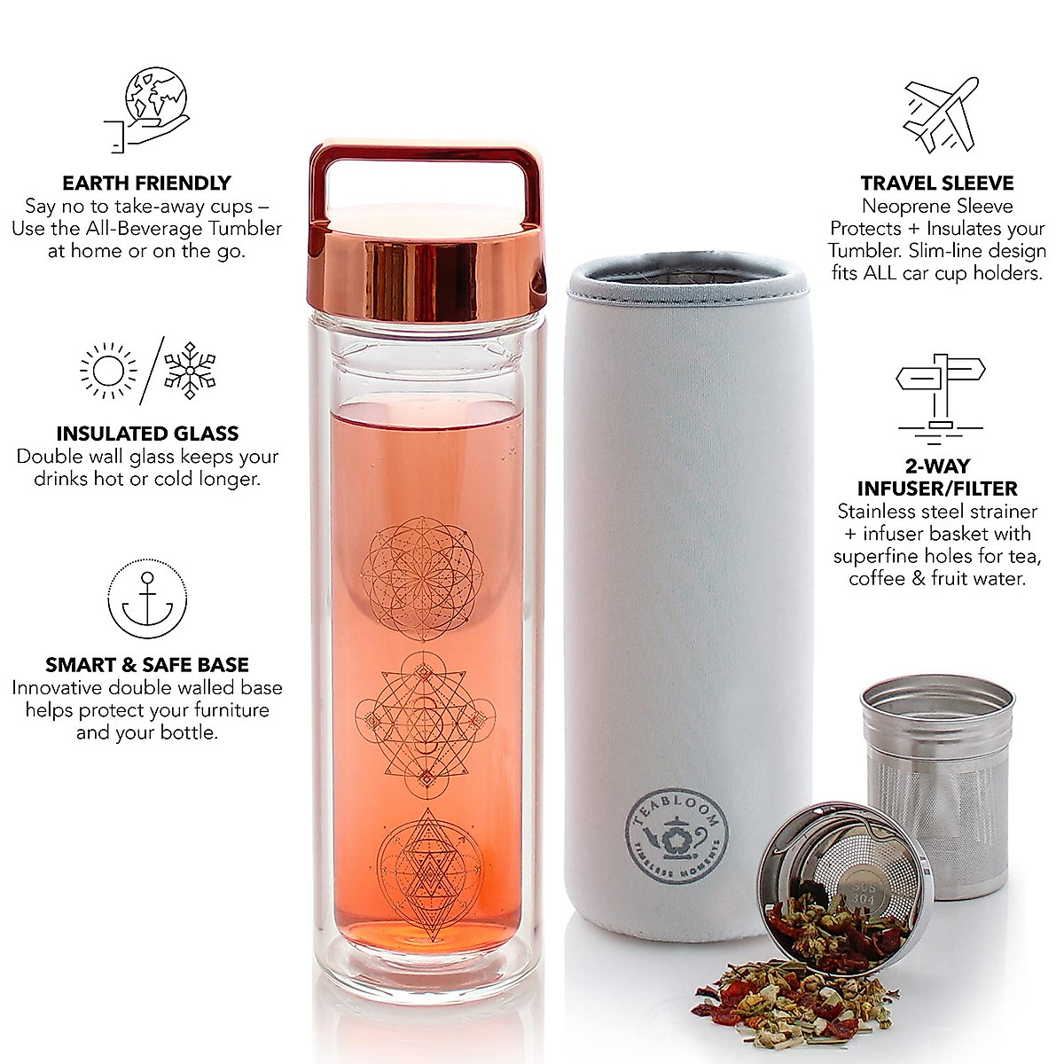Teabloom All-Purpose Beverage Tumbler – 15 oz / 450 ml Insulated Glass Bottle – Tea, Coffee, Fruit Infused Water – All-Temperature Travel Mug – Stainless Steel Infuser Basket – The Wayfarer Tumbler