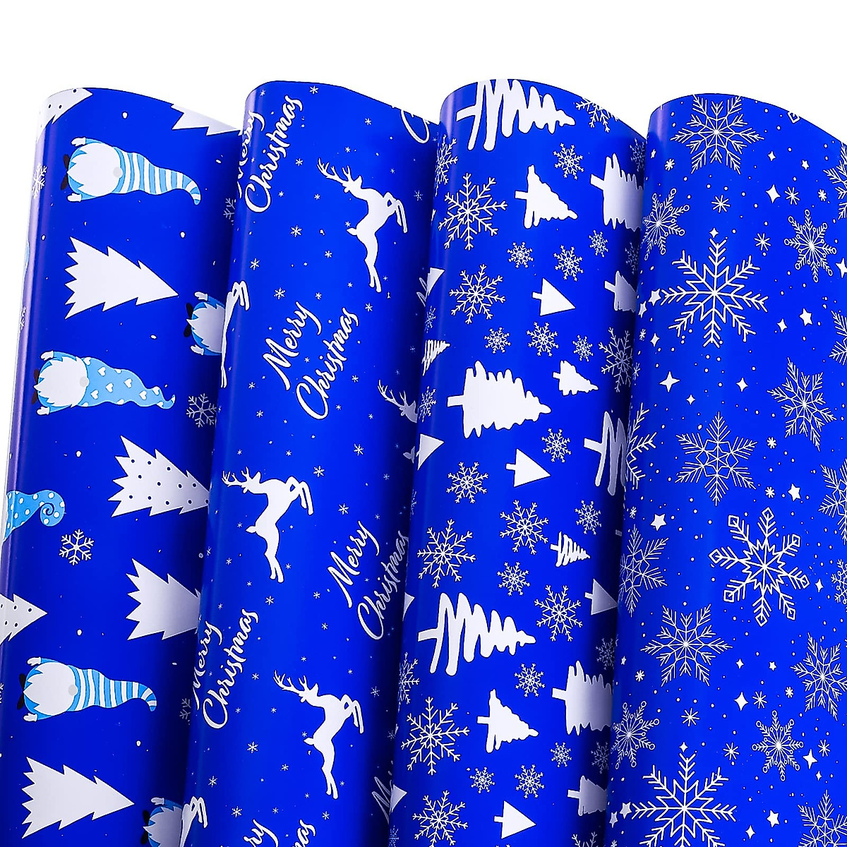 LeZakaa Christmas Gift Wrapping Paper - 12 Folded Sheet with 4 Different Christmas Design in Blue (Snowflake, Tree, Reindeer, Gnome) - 27.5 x 19.6 inches Per Sheet