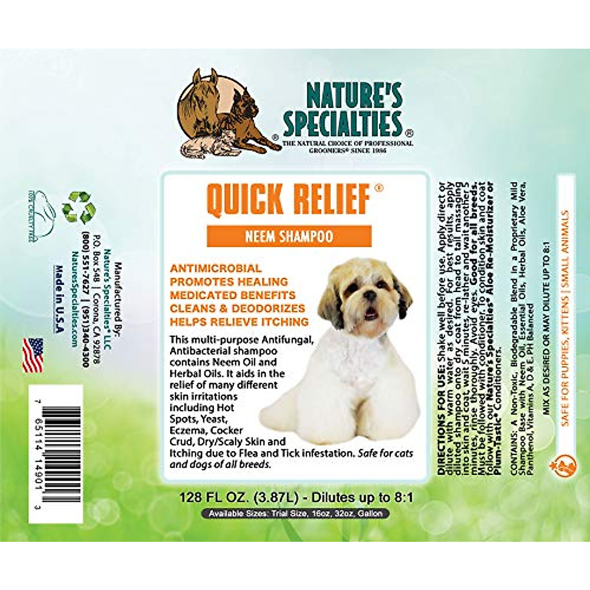 Nature's Specialties Quick Relief Ultra Concentrated Anti-Microbial Medicated Dog Neem Shampoo for Pets, Makes up to 1 Gallon, Natural Choice for Professional Groomers, Helps Relieve Itching, Made in USA, 16 oz