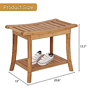 kinbor Bamboo Shower Bench Shower Stool - Shower Benches for Inside Shower with Handles & Storage Shelf 2-Tier for Spa Bathroom