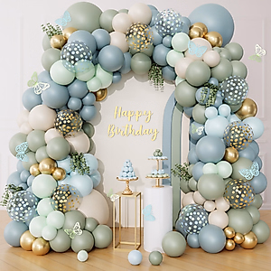 Ouddy Life Dusty Blue Balloon Arch Kit, 179pcs Sage Green Pastel Blue Sand White Gold Confetti Balloons Butterfly Stickers for Boho Baby Bridal Shower Birthday Wedding Woodland Party Decorations