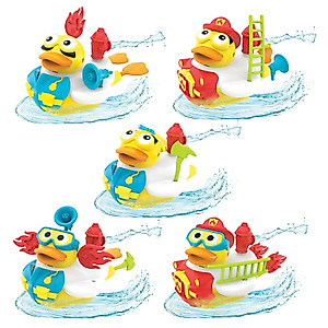 Yookidoo Jet Duck Firefighter Bath Toy with Powered Water Hydrant Shooter - Sensory Development & Bath Time Fun for Kids - Battery Operated Bath Toy with 15 Pieces - Ages 2+