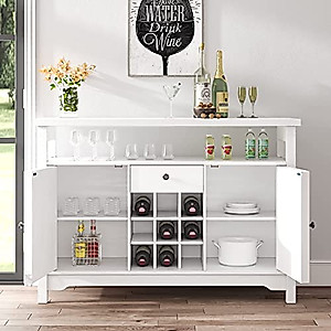 4 EVER WINNER Coffee Bar Cabinet Farmhouse, 47” Kitchen Buffet Storage Cabinet with Wine and Glass Racks, Storage Drawers, Wine Bar Cabinet with Barn Door for Kitchen, Dining Room, White