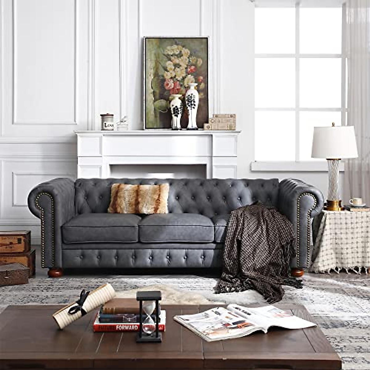LUMISOL 88" Modern 3 Seater Sofa, Faux Leather Chesterfield Sofa with Rolled Arm, Tufted Upholstered Couch with Nailhead for Living Room, Apartment (Dark Gray)
