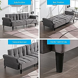 Mjkone Modern Futon Sofa Bed, Velvet Loveseat Sleeper Sofa Bed with Adjustable Backrest, Futon Couches for Living Room, Folding Bed Futons with Adjustable Armrests - Light Gray