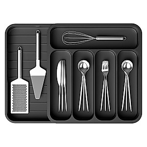 VESKYAO Expandable Silverware Drawer Organizer, 6 Compartment Adjustable Silverware Tray Plastic Kitchen Utensil Organizer Holder