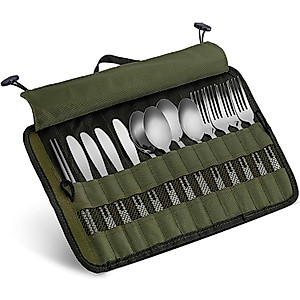 xiaoguozi Cutlery Storage Bag,Portable Polyester Roll Up Pouch Bag For Forks, Spoons, Chopstick,Water Resistant Storage Kitchen Cooking Utensil Set Travel Organizer, Army Green