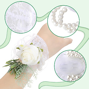 12 Pieces Wedding Elastic Pearl Wrist Corsage Bands DIY Flower Hand Stretch Bracelet for Wedding Prom Bride Handmade