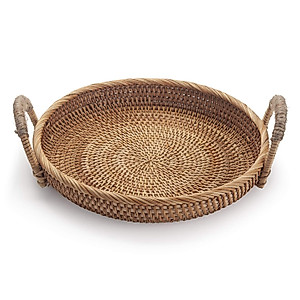 DECRAFTS Rattan Round Fruit Basket for Table Wicker Bread Tray with Handle for Serving Food, Crackers, Snacks (11inch D x 1.8inch H)