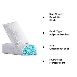 Shredded Memory Foam, Sleeping,Bed Pillows Queen Size Set of 2 Pack Cooling Adjustable,Good for Side and Back Sleeper with Washable Removable Bamboo Cover