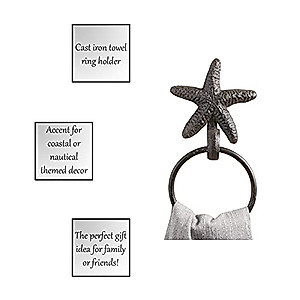 47th & Main Coastal Décor Cast Iron Towel Ring Holder, 4.25" L x 2.75" W x 10" H, Starfish