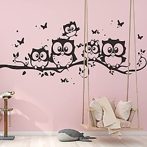 Family Owls On The Tree Branches Wall Decal Removable Cartoon Black Vinyl Owl Wall Art Decor Stickers for Babys Children Rooms Bedroom Living Room TV Background