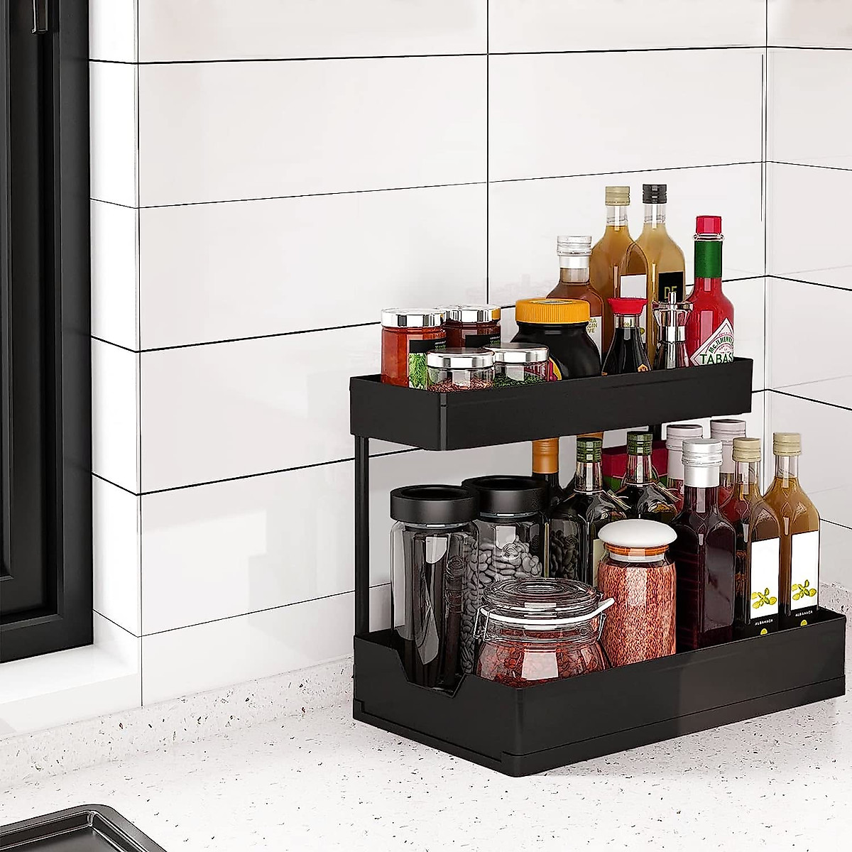 Karlsitek Under Sink Organizers and Storage,2 Pcs Under Sink Organizers,2-Tier L-Shape Bathroom Organizer,Sliding Cabinet Organizer Drawer with 2 Hanging Cups and 8 Hooks for Kitchen Bathroom Office