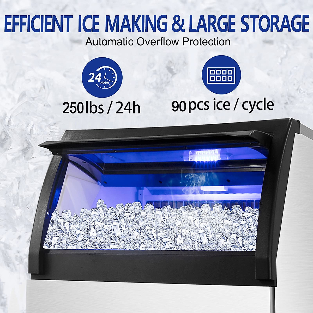 Commercial Ice Maker, 250Lbs/24H Under Counter Ice Machine with 77Lbs Storage Bin, 90 Ice Cubes in 11Min, Stainless Steel Freestanding Ice Making Machine for Business, Water Filter and Scoop Included