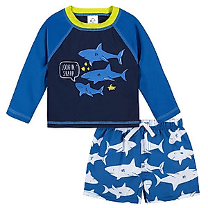 Gerber Baby Boy's Toddler Long Sleeved Rashguard Swim Bathing Suit Set, Blue and White Sharks, 18 Months