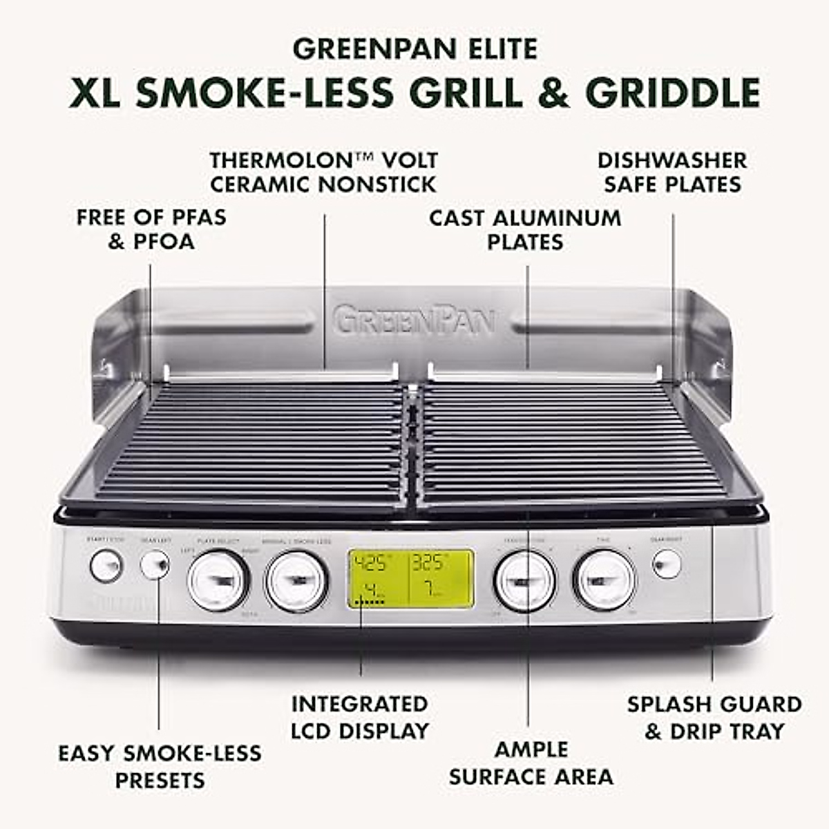 GreenPan Elite XL Smoke-less Grill and Griddle, Healthy Ceramic Nonstick Interchangeable/Removeable Cast Aluminum Plates, Indoor BBQ Sear Sizzle, LCD Display, Splash Guard, Drip Tray, PFAS-Free, Black