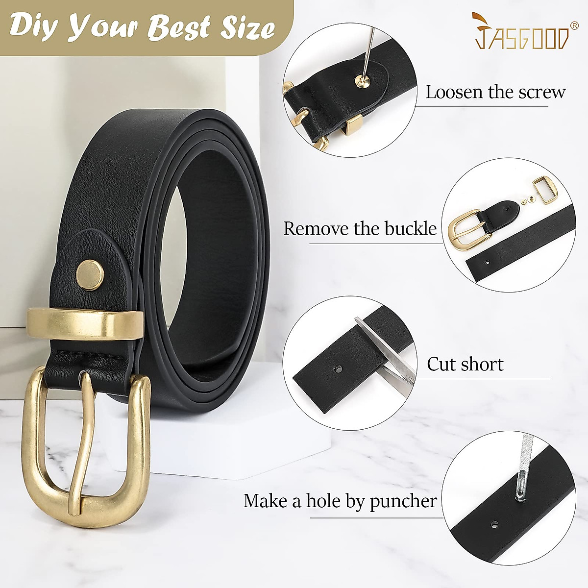 JASGOOD Women's Leather Belt for Jeans Pants, Fashion Ladies Belt for Dresses with Gold Buckle