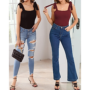 MANGOPOP Women's Square Neck Sleeveless Tank Tops Tie Shoulder Bodysuits Jumpsuits Clubwear