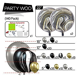 PartyWoo 140 pcs Black and Gold Balloon Arch Kit, Black and Gold Balloons Garland with 4D Marble Balloons, Chrome Metallic Silver Balloons, Star Garland for Birthday Decorations, Retirement Party