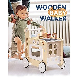 ROBOTIME Baby Push Walker Wooden Strollers,4 in 1 Multiple Activities Center Learning Activity Walker Toys, Suitable for Toddlers Kid 12Mos+ with Bakery Kitchen,Shape Sorter and Movable Slider