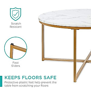 Best Choice Products 36in Faux Marble Accent Table, Modern End Table, Large Coffee Table Home Decor for Living Room, Dining Room, Tea, Coffee w/Metal Frame, Foot Caps, Designer - White/Gold