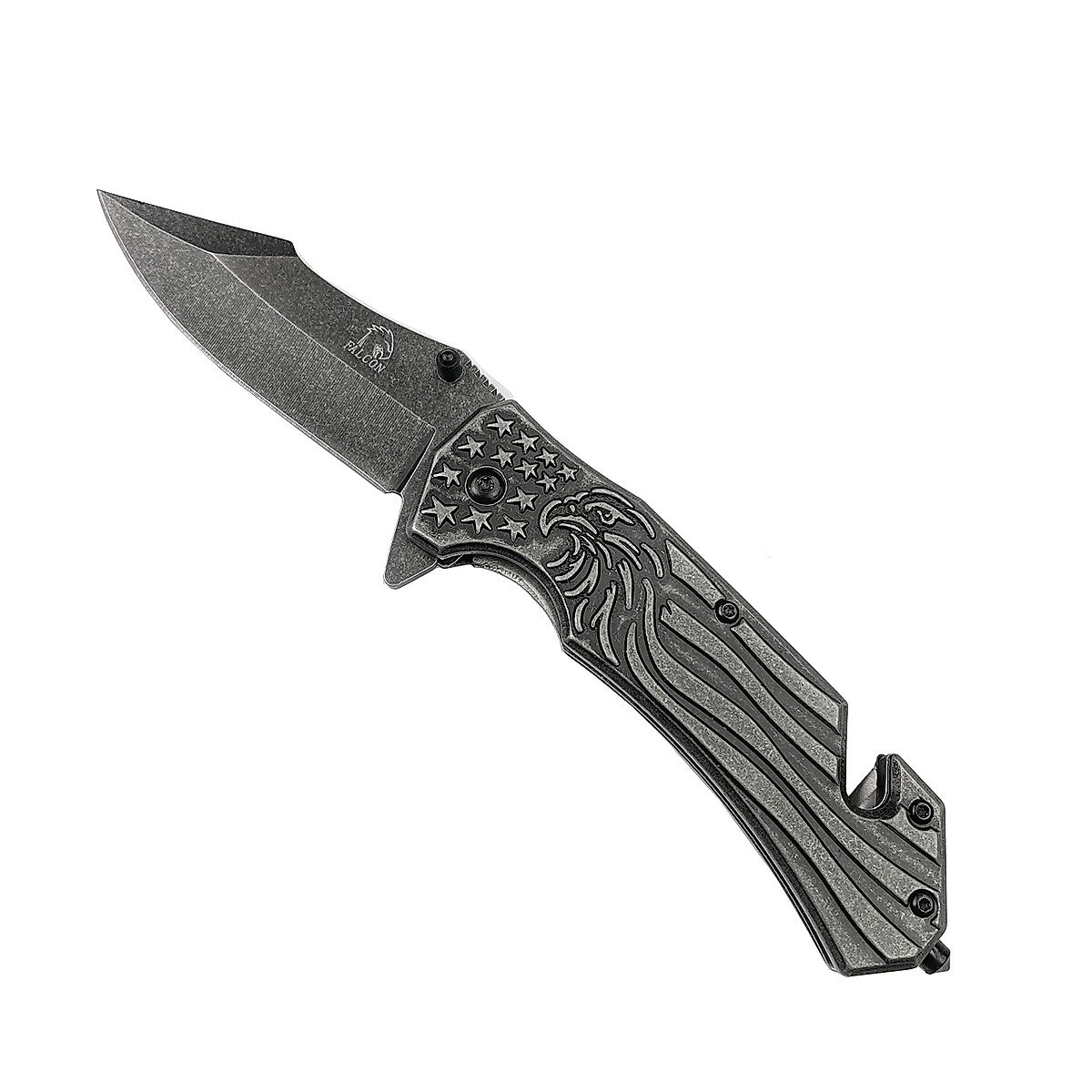 Falcon 8" U.S American Flag Eagle Engraved Assisted Open Tactical Stainless Steel Folding Clip Point Knife with Seatbelt Cutter and Glass Breaker
