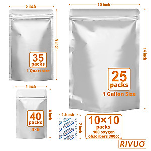 RIVUO 100 Mylar Bags For Food Storage With Oxygen Absorbers 300cc and Labels - 10.2 Mil Total/5.1 Mil Single Side Thickness - 10"x14", 6"x9", 4"x6"- 100 Oxygen Absorbers 300cc (10 Packs of 10)