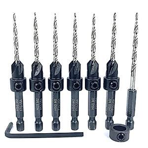 FTG USA Countersink Drill Bit Set 6 Pc #6 (9/64") Wood Countersink Drill Bit, Pro Pack Countersink Bit, 1 Extra Tapered Drill Bit for Countersink, 1 Stop Collar, 1 Hex Wrench