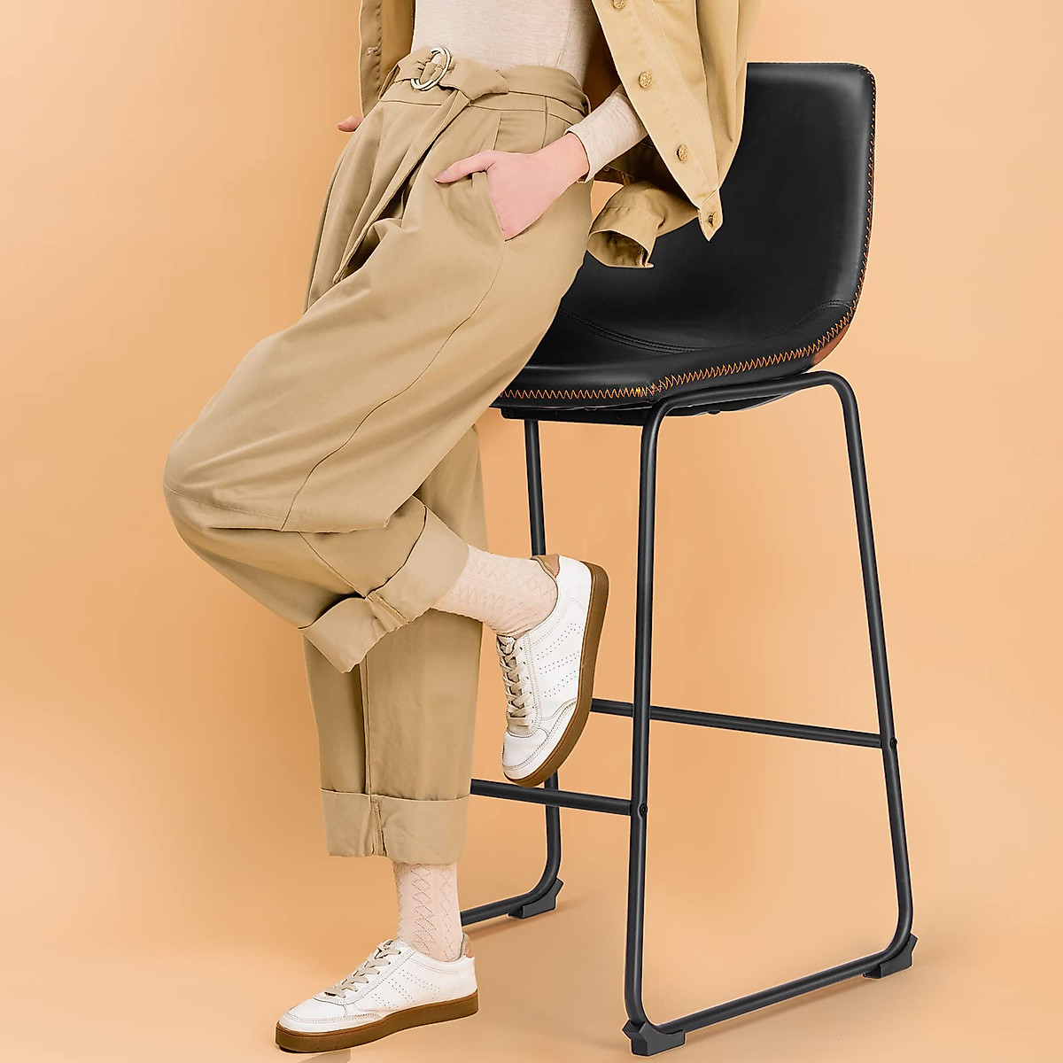 Bar Stools Set of 2, Counter Height Bar Stools with Back, 26 inch Armless Industrial Faux Leather Barstools with Metal Legs and Footrest, Modern Dining Chairs for Home Kitchen Island, Black