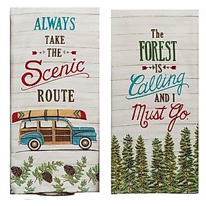 DHE Piece Woodsy Pine Tree Camping Kitchen Dual Purpose Towel Bundle, Forest is Calling and Take The Scenic Route, Multi colored