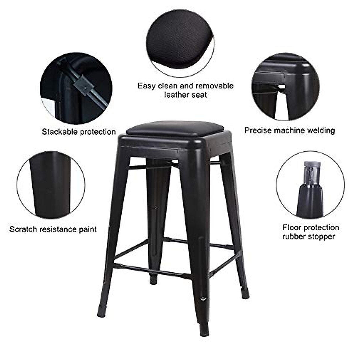 GIA 24-Inch Backless Counter Stool, Qty of 1, Matte Black with Black Vegan Leather Seat